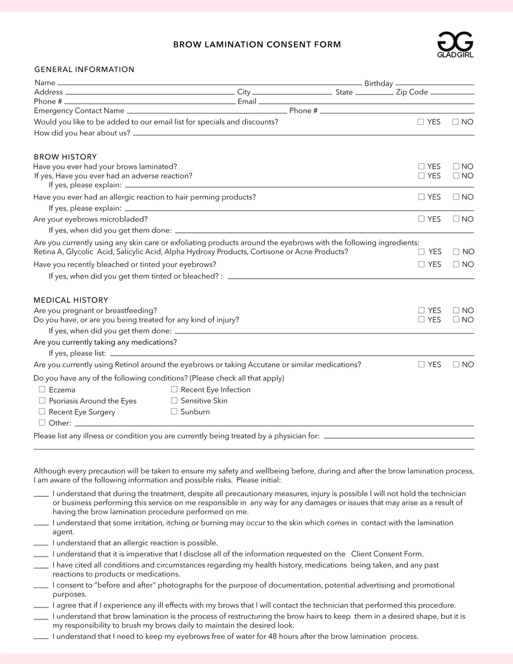 Eyelash and Eyebrow Consent Forms - GladGirl